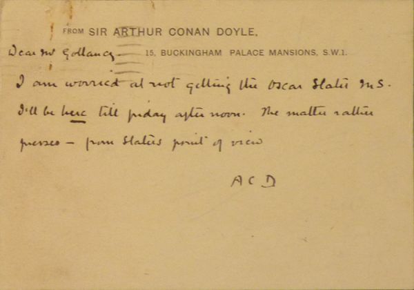 Notecard to Mr Gollancz - The Arthur Conan Doyle Encyclopedia