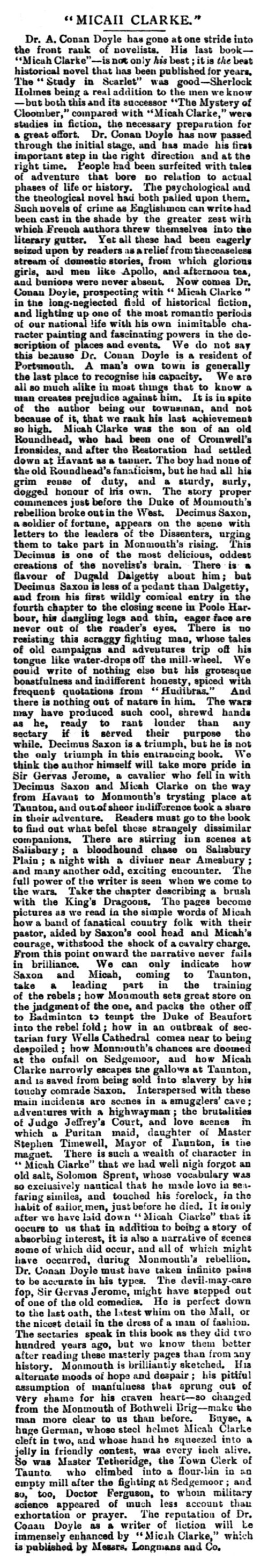 Micah Clarke (article 4 march 1889) - The Arthur Conan Doyle Encyclopedia