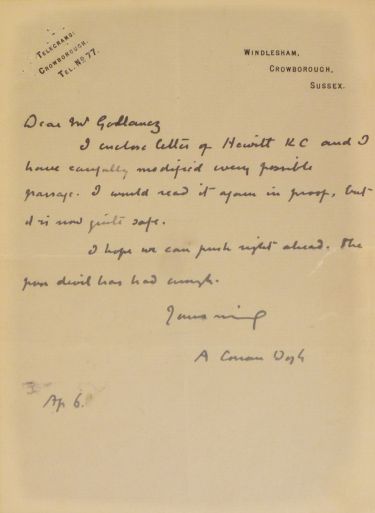 Letter to Mr Gollancz about Hewitt KC - The Arthur Conan Doyle Encyclopedia